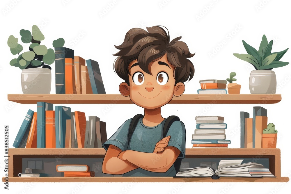 Cartoon character with crossed arms peeking over a shelf filled with ...