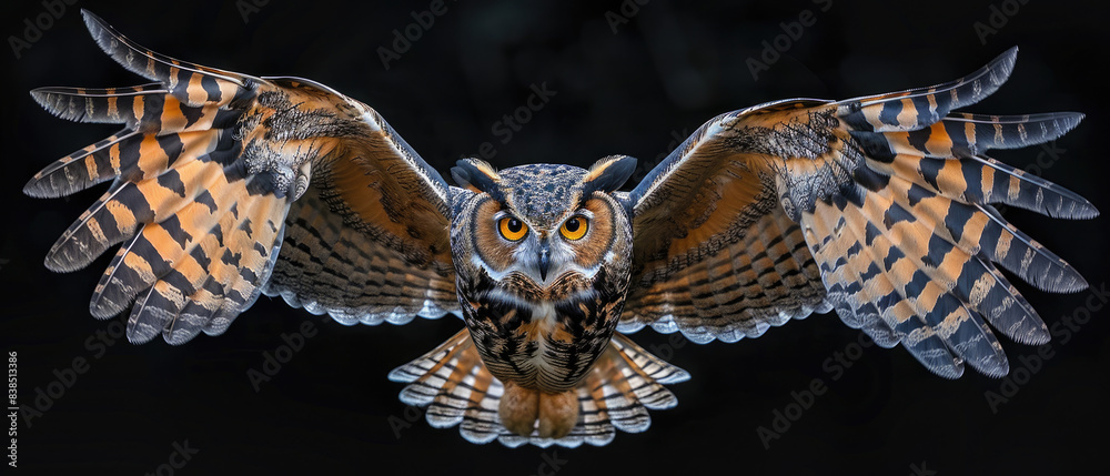 The Eurasian Owl flies with its eyes looking intently forward and ...