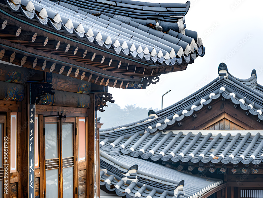 Traditional Korean hanok house with curved tiled roofs, wooden beams ...