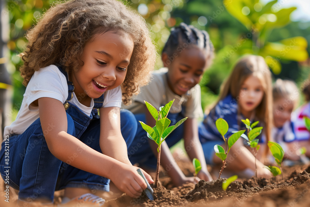 A diverse group of young children joyfully planting saplings in a ...
