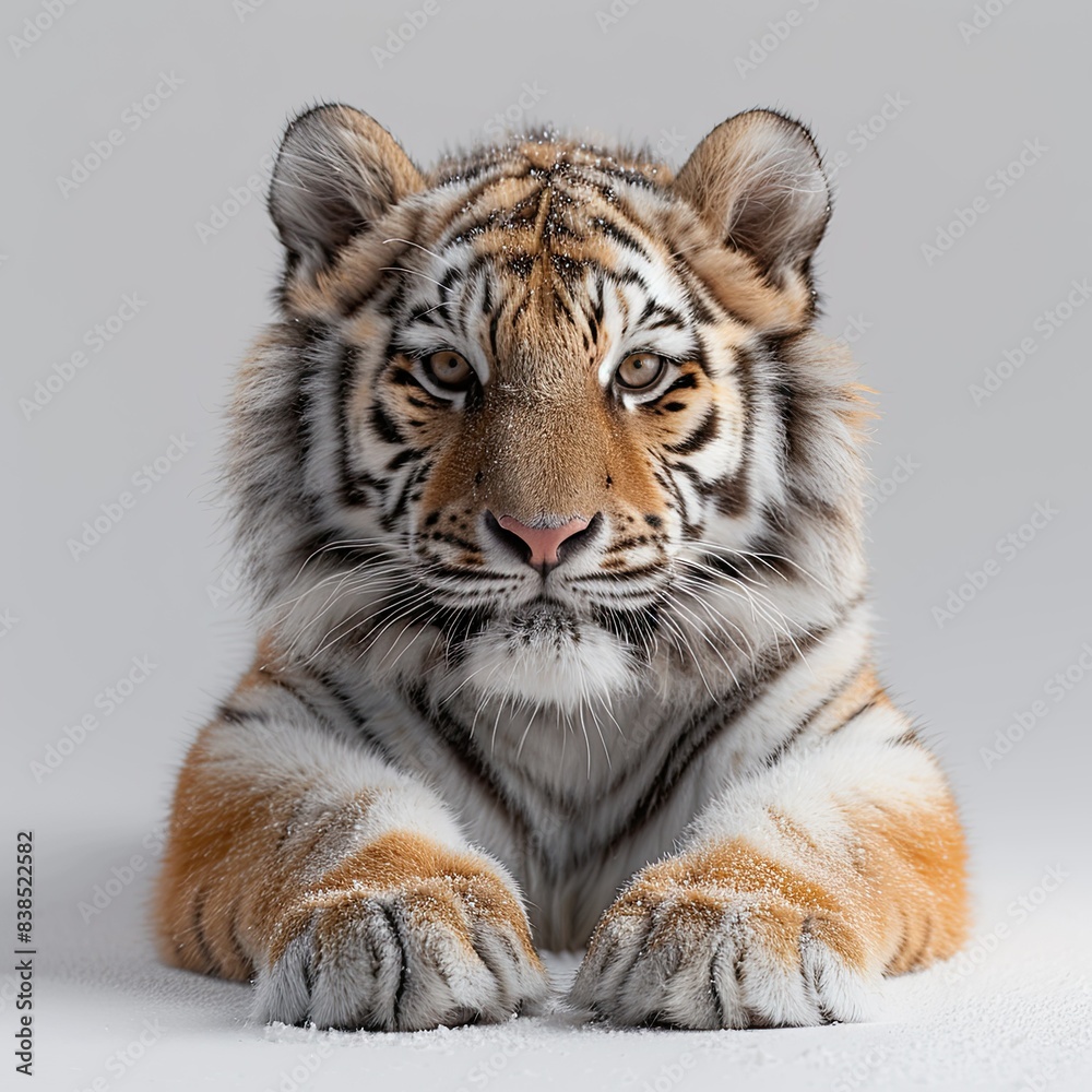 adorable tiger stalking towards the camera, frontal full body view ...