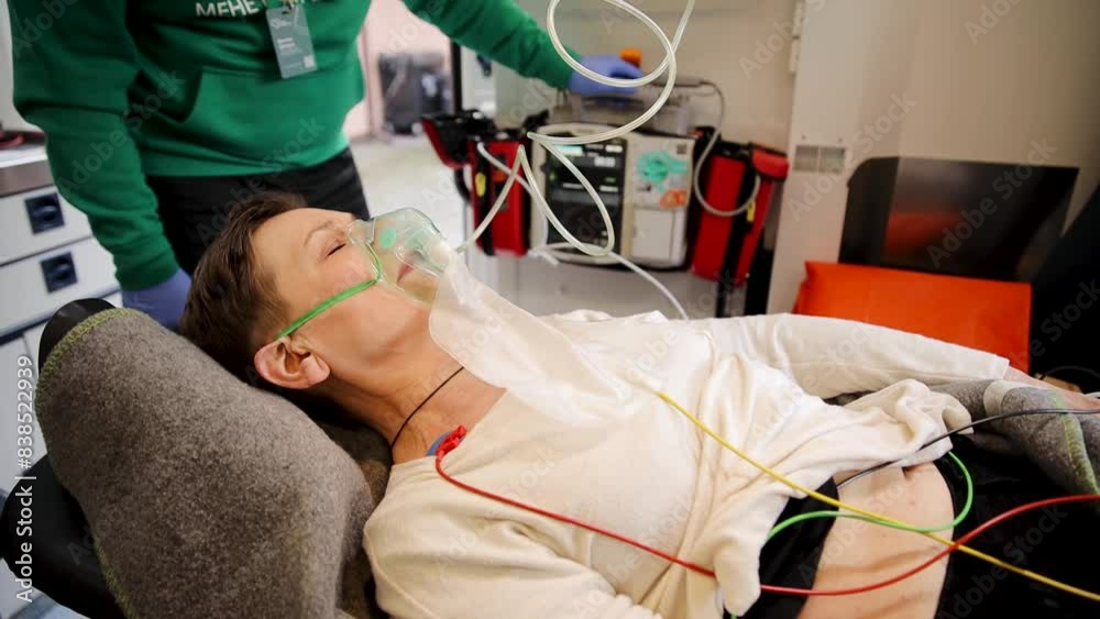 Female patient breathing through oxygen mask. Support in ambulance next ...