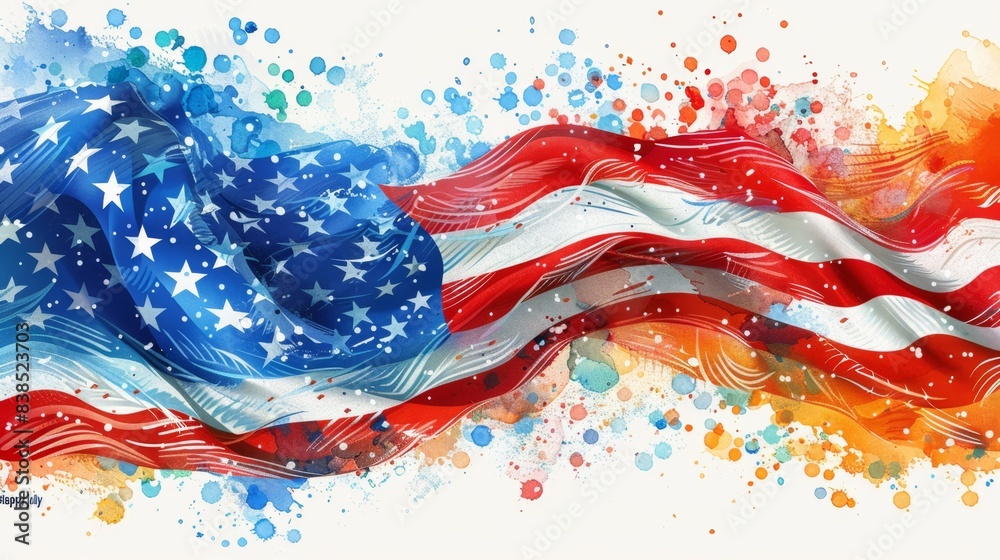 watercolor illustration background, 4th of July theme USA national flag ...