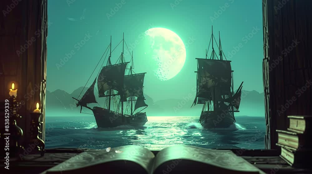 Two ships sailing under the glow of a full moon in the vast night sky ...