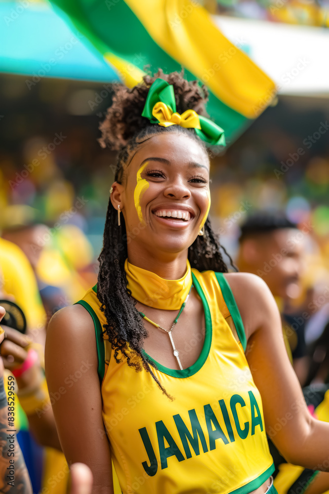 Jamaican football soccer fans in a stadium supporting the national team ...