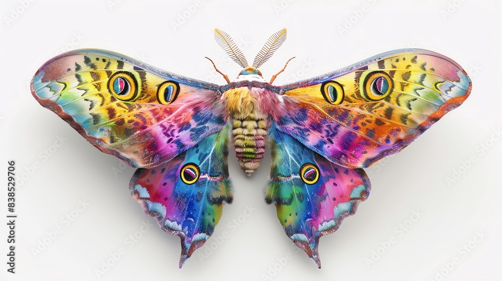 Polyphemus Moth featuring vibrant rainbow spots on its spread wings ...