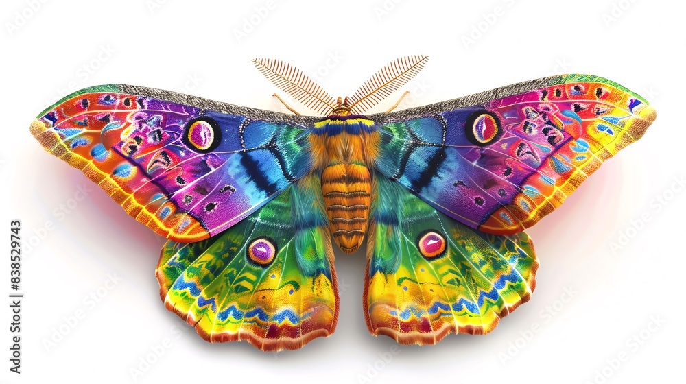 Polyphemus Moth featuring vibrant rainbow spots on its spread wings ...