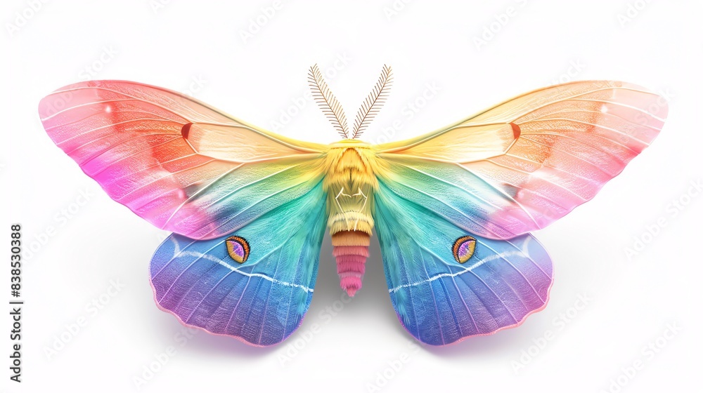 Rosy Maple Moth in striking rainbow colors with wings spread ...