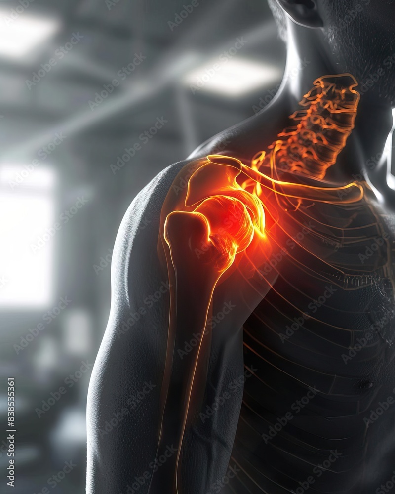 3D rendering of human shoulder anatomy with highlighted pain area ...