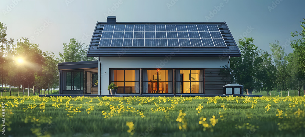 Eco friendly passive house with a photovoltaic system on the roof. 3D ...