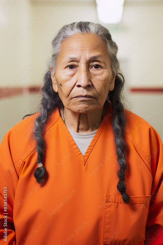 Elderly Native American Woman Mugshot in Orange Prison Uniform Stock ...