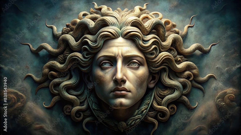 Gloomy and awe-inspiring depiction of the head of the Gorgon Medusa ...