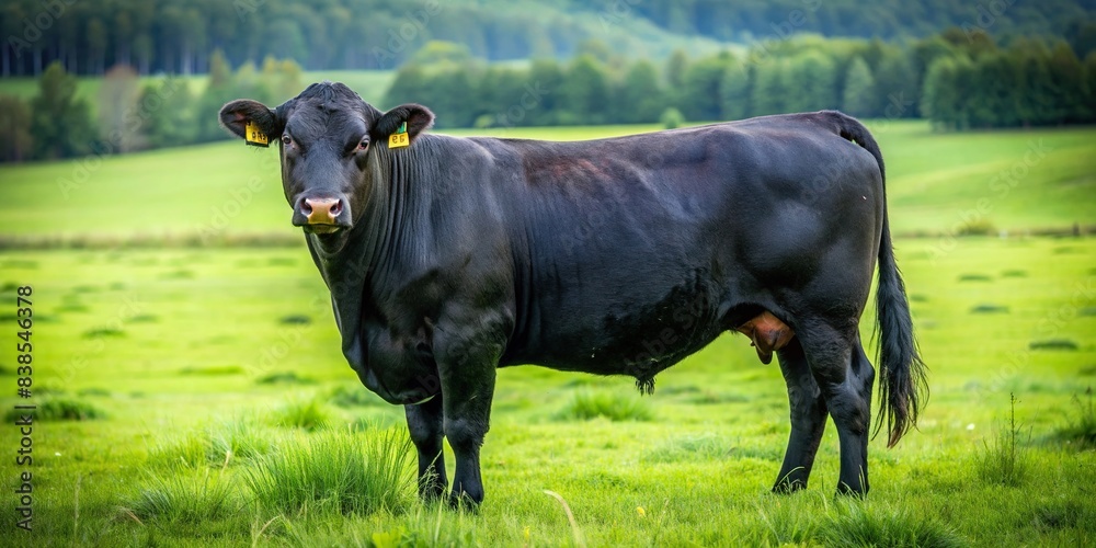 Black Angus bull standing in a green grassy field, cattle, livestock ...