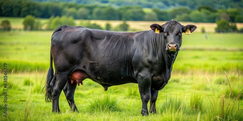Black Angus bull standing in a green grassy field, cattle, livestock ...