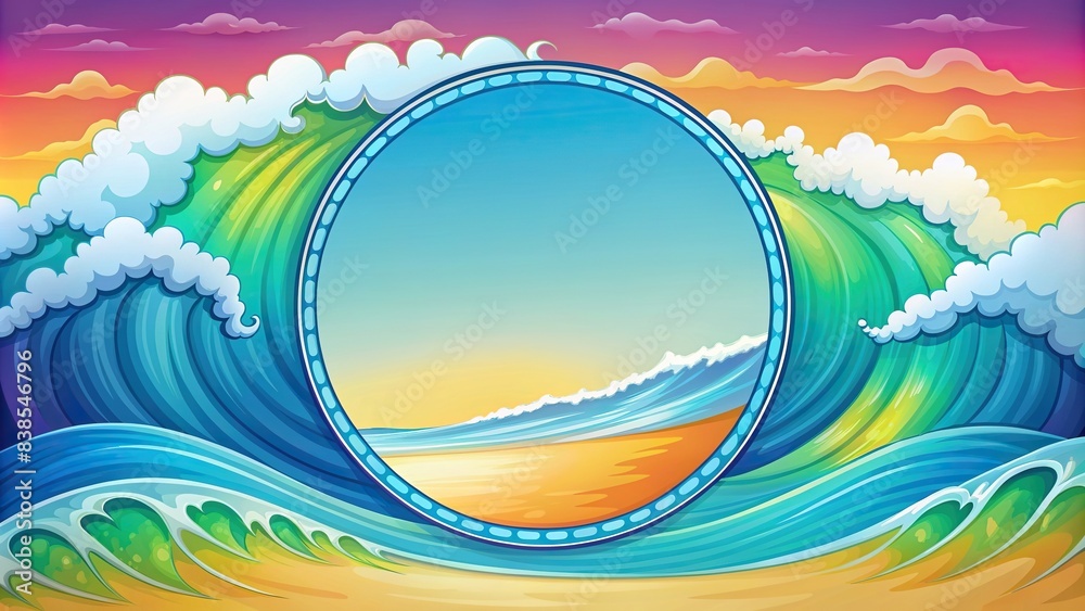 Colorful cartoon wave with empty circle frame on liquid ocean waves ...