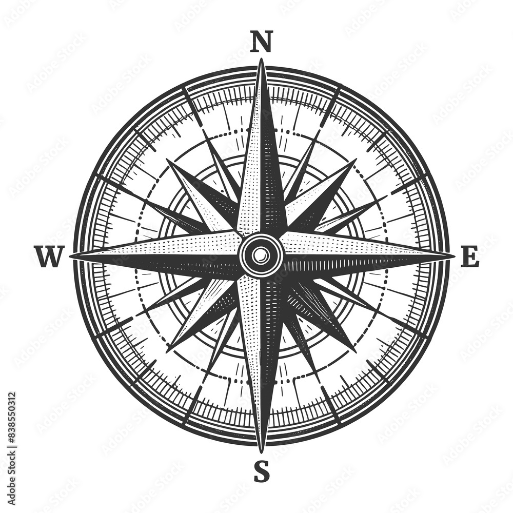 Wind rose Nautical Compass map sketch engraving generative ai fictional ...