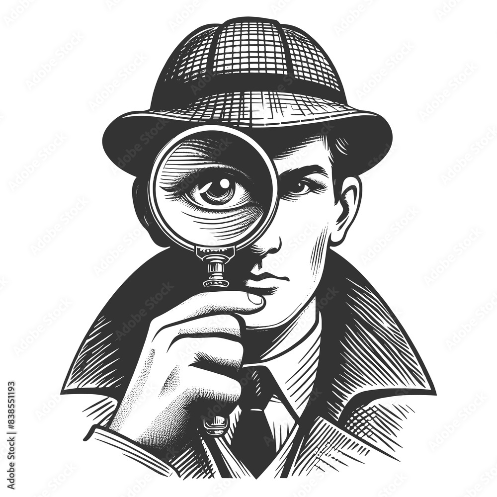 detective with a magnifying glass, focusing intently on a clue sketch ...