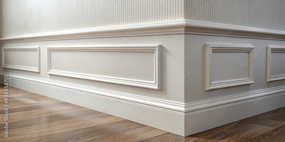 Detail of white wall skirting and trim molding in a room interior ...