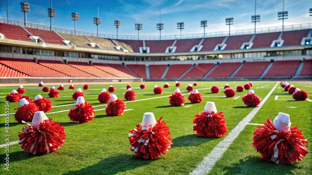 Empty football field with cheerleader squad uniform pom poms on ground ...