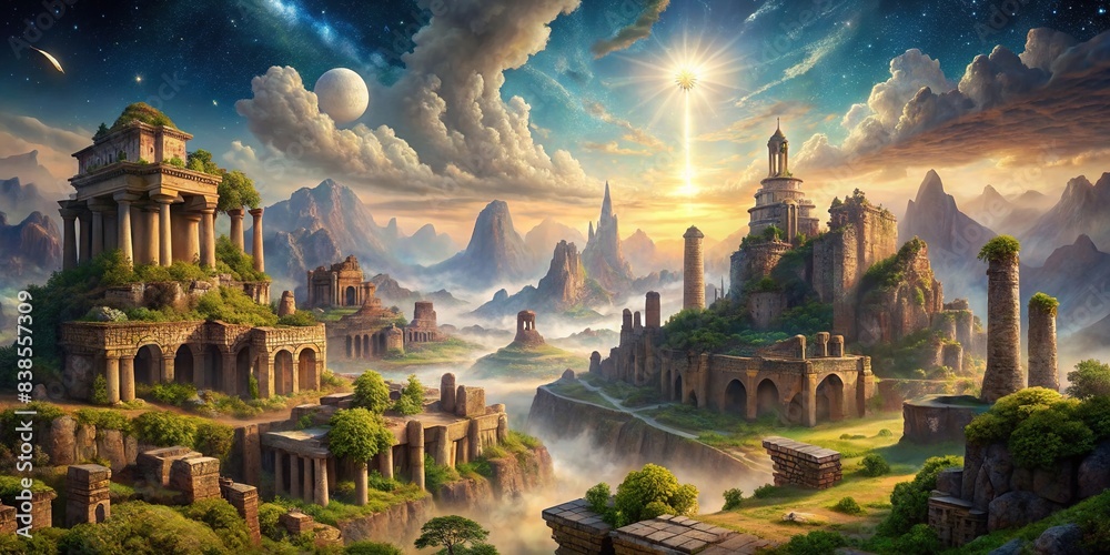 A mystical landscape with ancient ruins and celestial visions, mystery ...