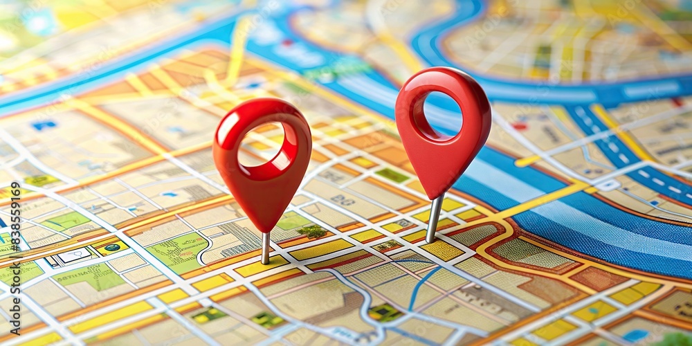 GPS navigator pin pointing from point A to point B on a map, navigation ...