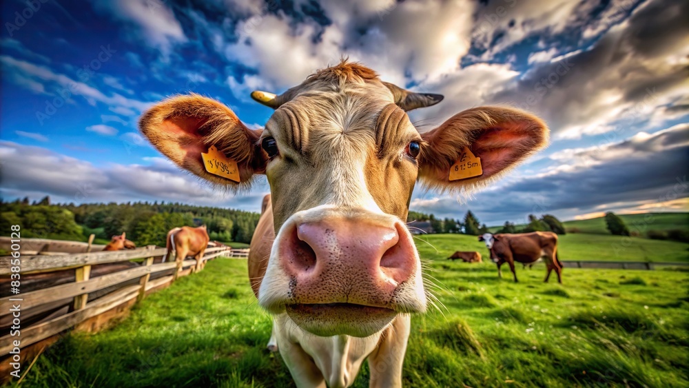 Funny cow looking directly at camera in a farm setting, cow, dairy ...