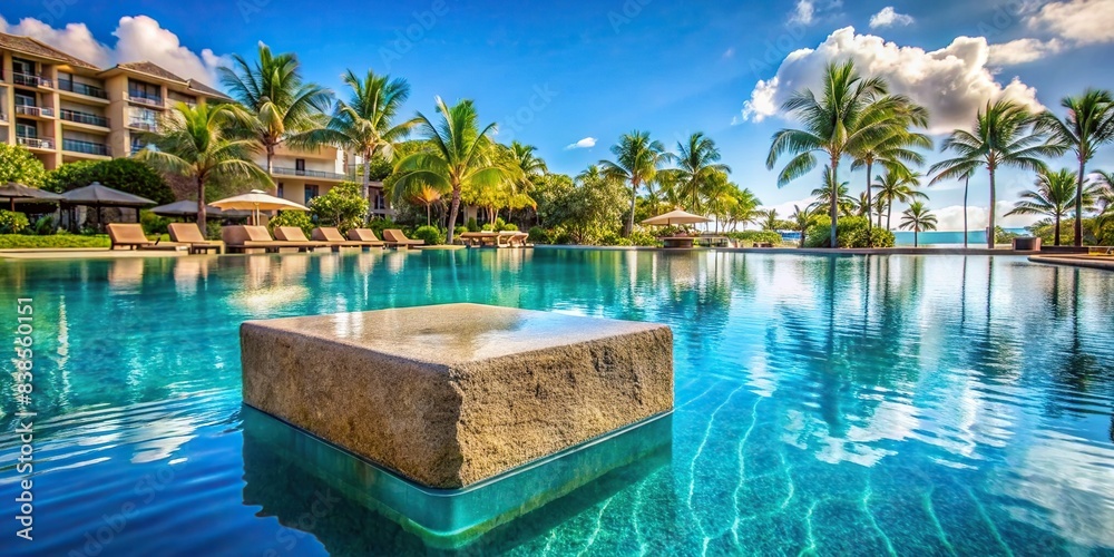 Stone podium stand in luxury blue pool water with a tropical hotel ...