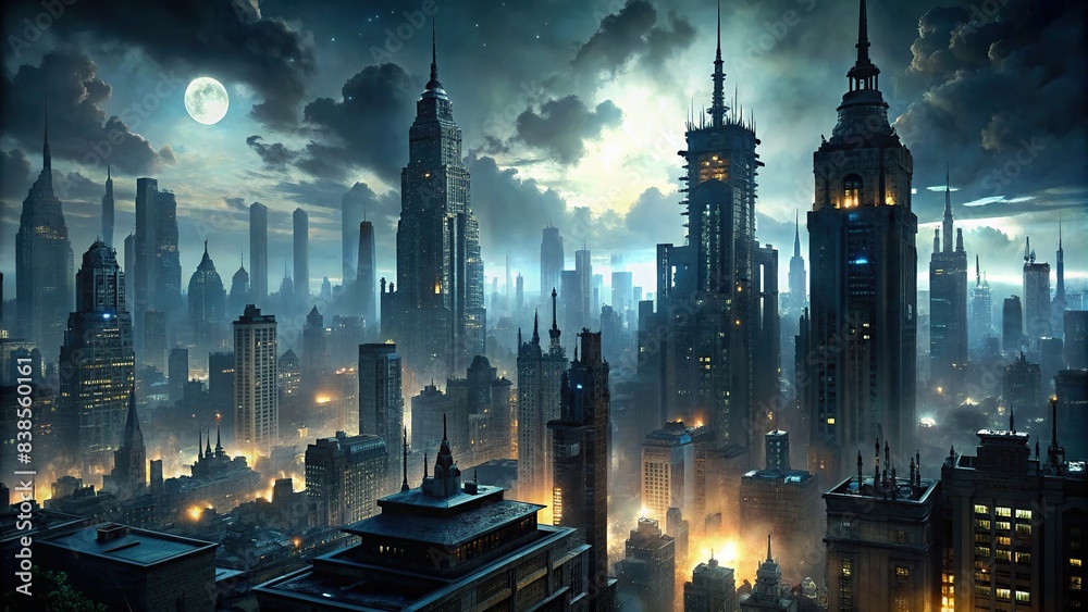 Dark, eerie dystopian Gotham cityscape at night, Gotham, city ...