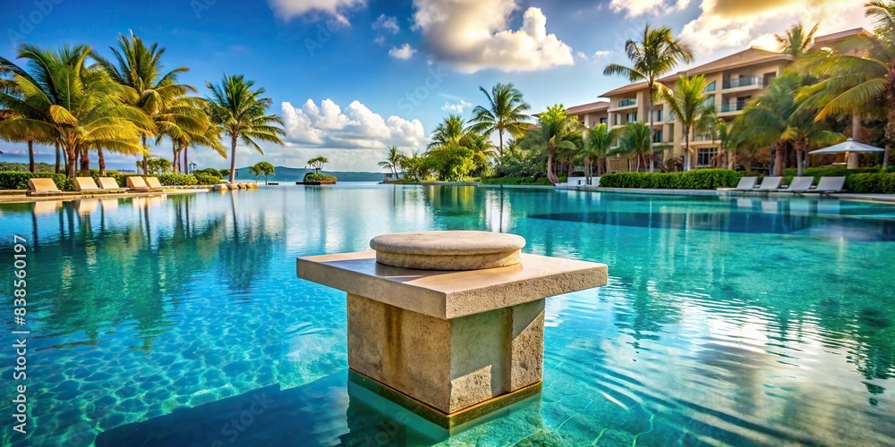 Stone podium stand in luxury blue pool water with a tropical hotel ...