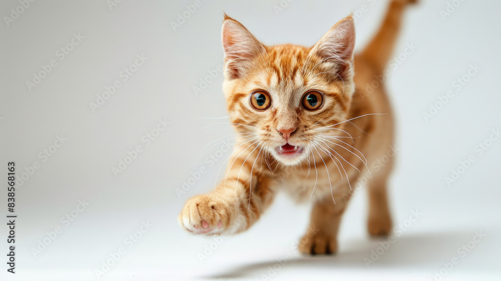 full body yellow cat walking on two front legs paws with low angle view ...