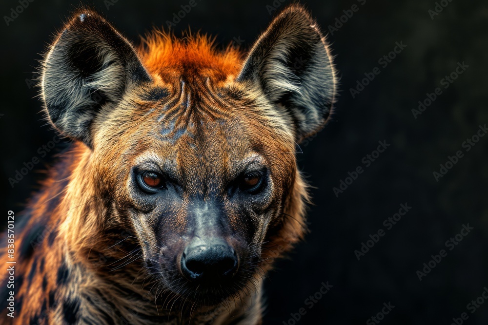 Mystic portrait of Striped Hyena in studio, copy space on right side ...