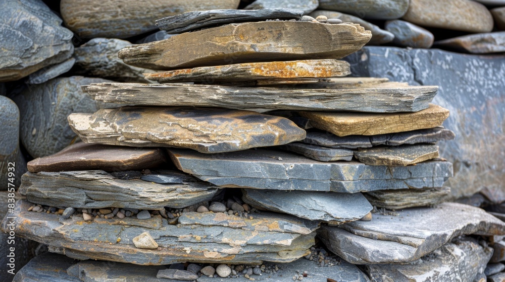Textured river rock stacked in various sizes showing layers of sediment ...