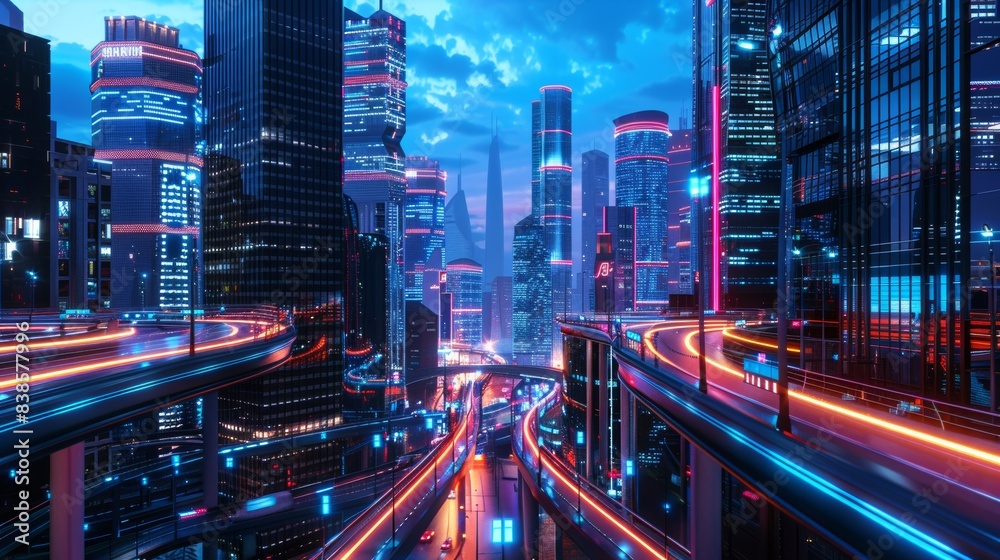 Evening view of a smart city with illuminated pathways and AI-driven ...