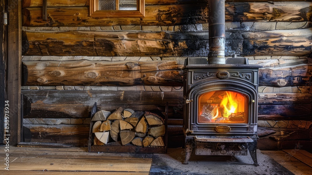 Cozy rustic cabin room with lit wood-burning stove, stacked firewood ...