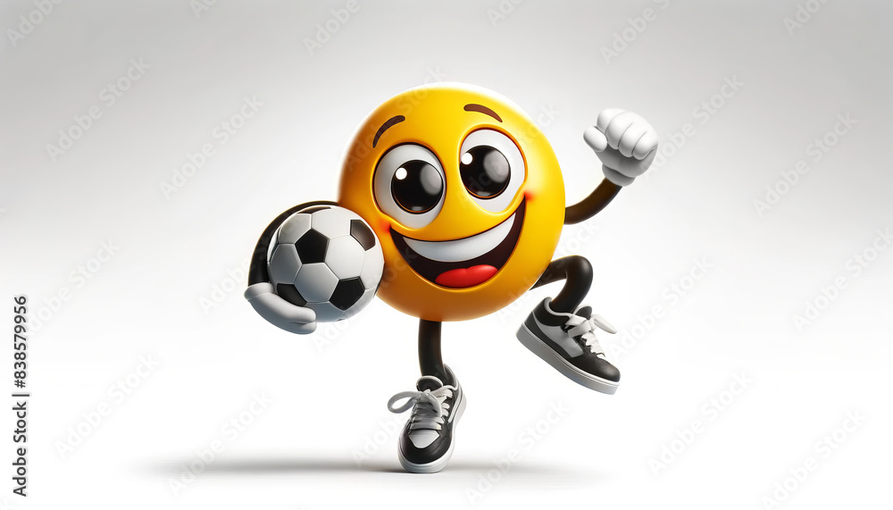 Cheerful emoticon with big eyes and a wide smile, dancing with a soccer ...