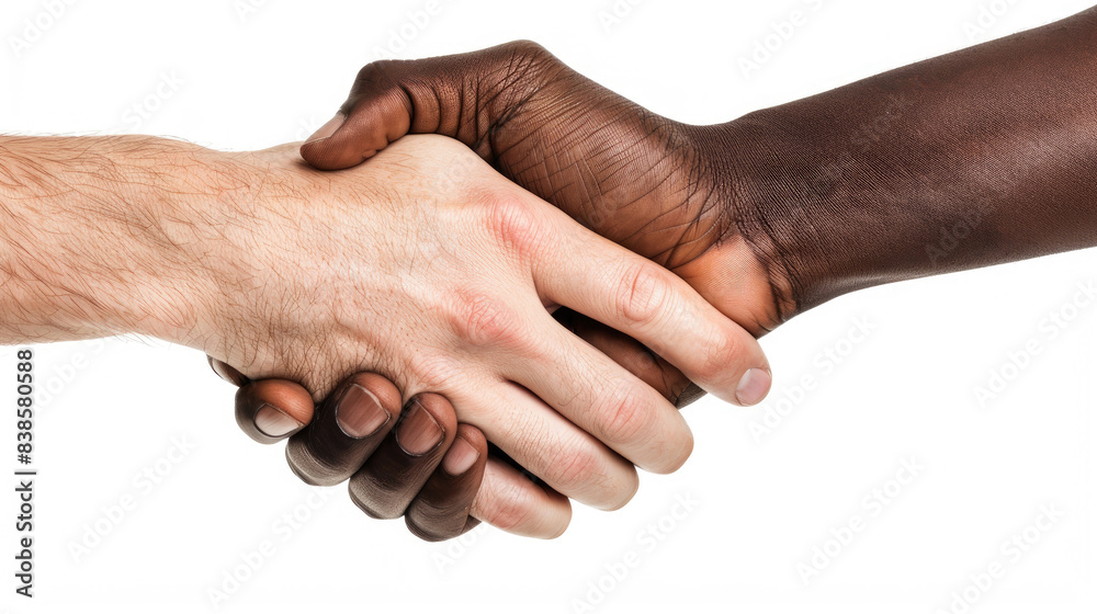 close-up Two hands shaking one hand is a white man's hand and the other ...