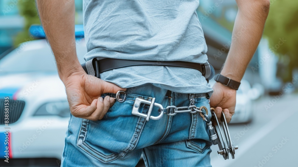 A police officer is putting handcuffs on an adult male wearing jeans ...