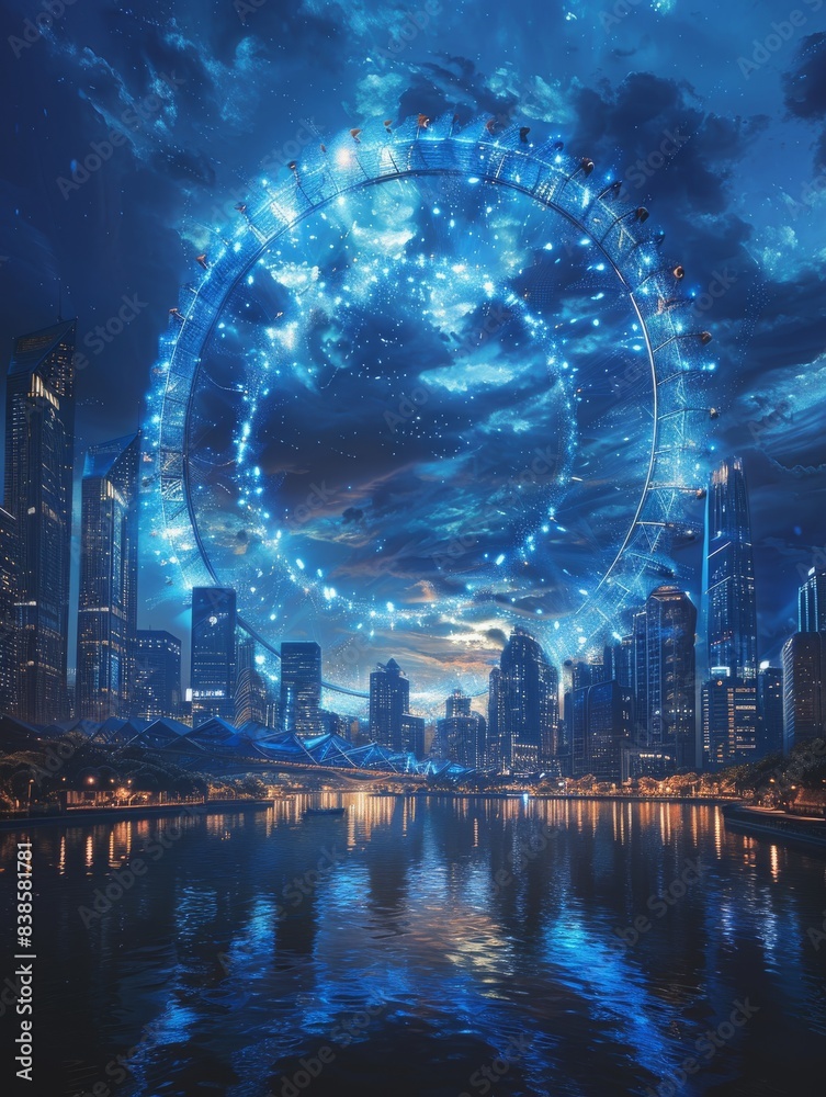 City skyline with ferris wheel, Chongqing landmark building, grand ...