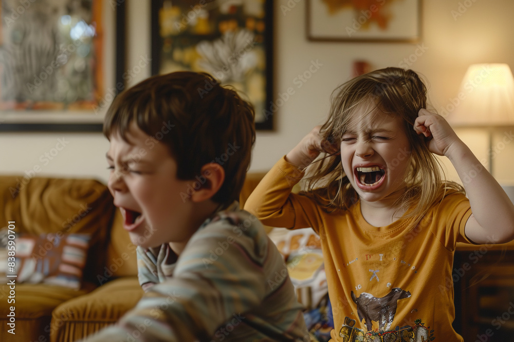 In a tumultuous scene unfolding in a living room, siblings engage in a ...