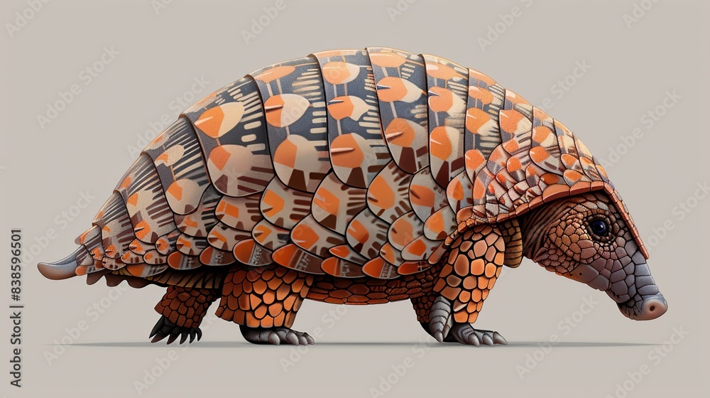 2D flat color design of an armadillo's shell, emphasizing its segmented ...