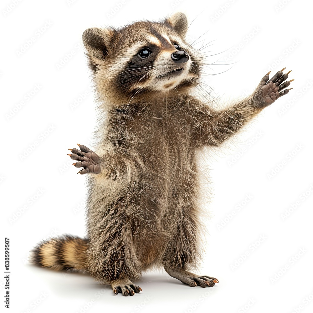 side-view portrait of a cute Racoon reaching up with arms outstretched ...