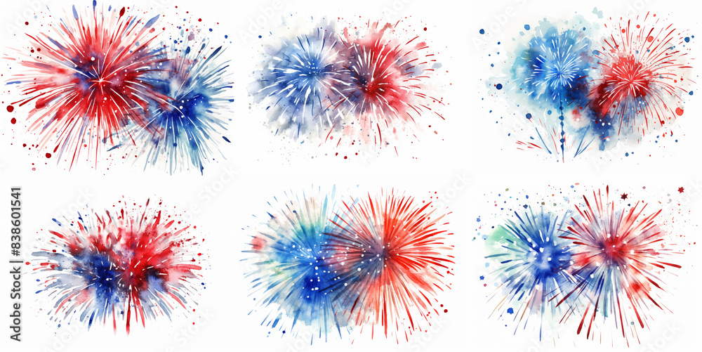 watercolor illustration collection set, 4th of July theme sparkle or ...