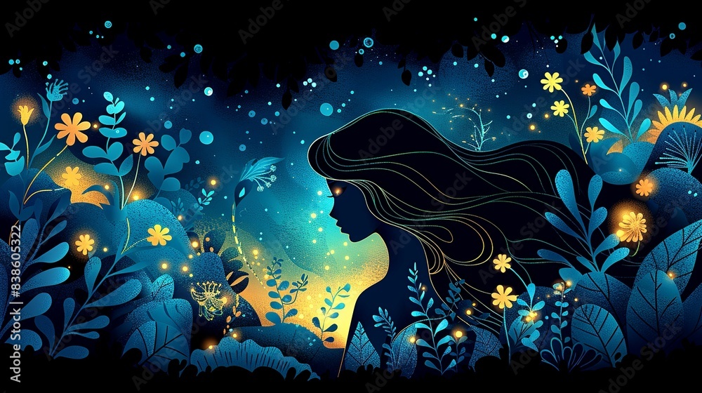 Minimalist 2D flat color design of a merman surrounded by seaweed and ...