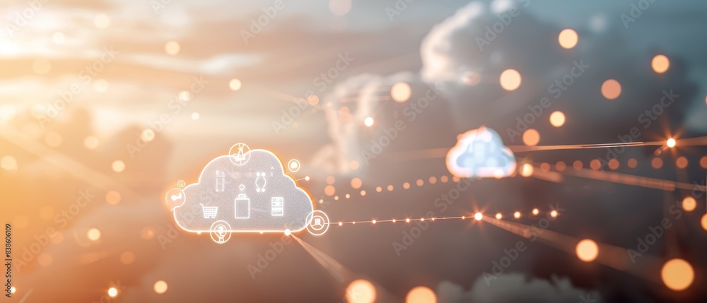 Conceptual image of cloud computing with digital clouds connected ...