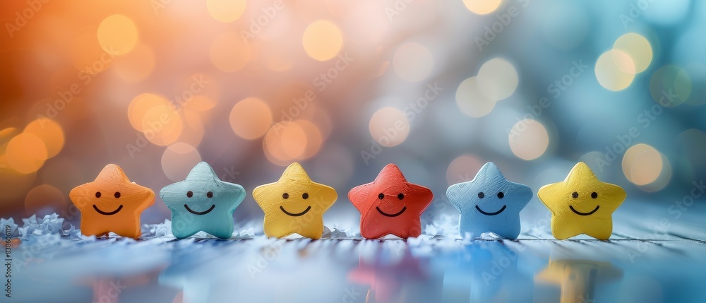Colorful smiling star figures on a reflective surface with bokeh ...