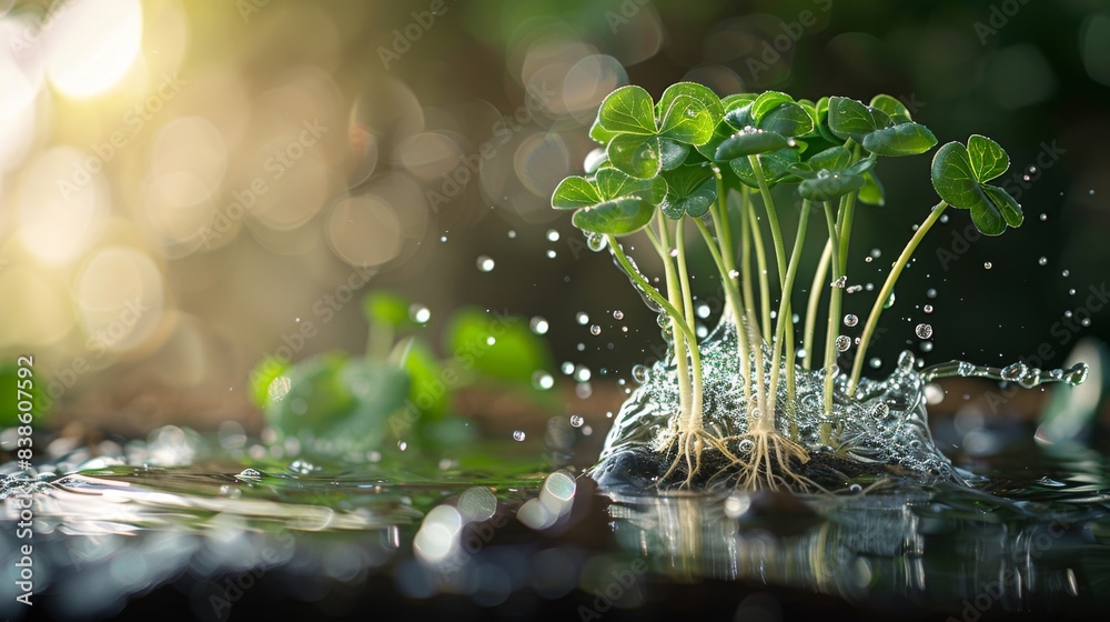 Clover plants with roots are captured amidst dynamic water splashes ...