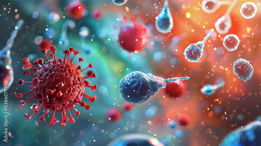 conceptual illustration of immune cells releasing cytokines and antibodies immune defense ...
