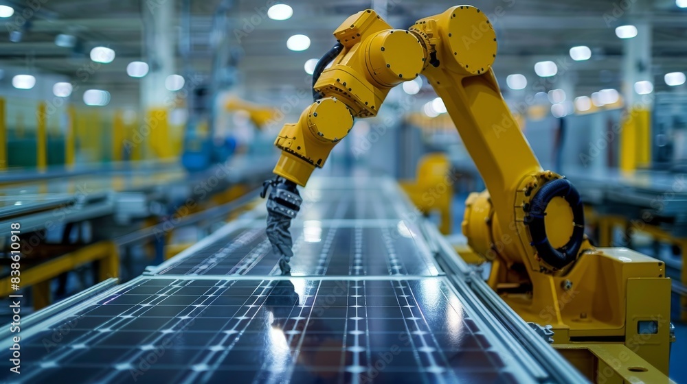 The image captures a robot arm carefully installing photovoltaic solar ...