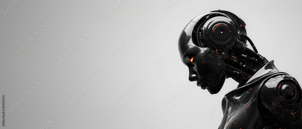Black female robot in profile on grey background with copy space ...