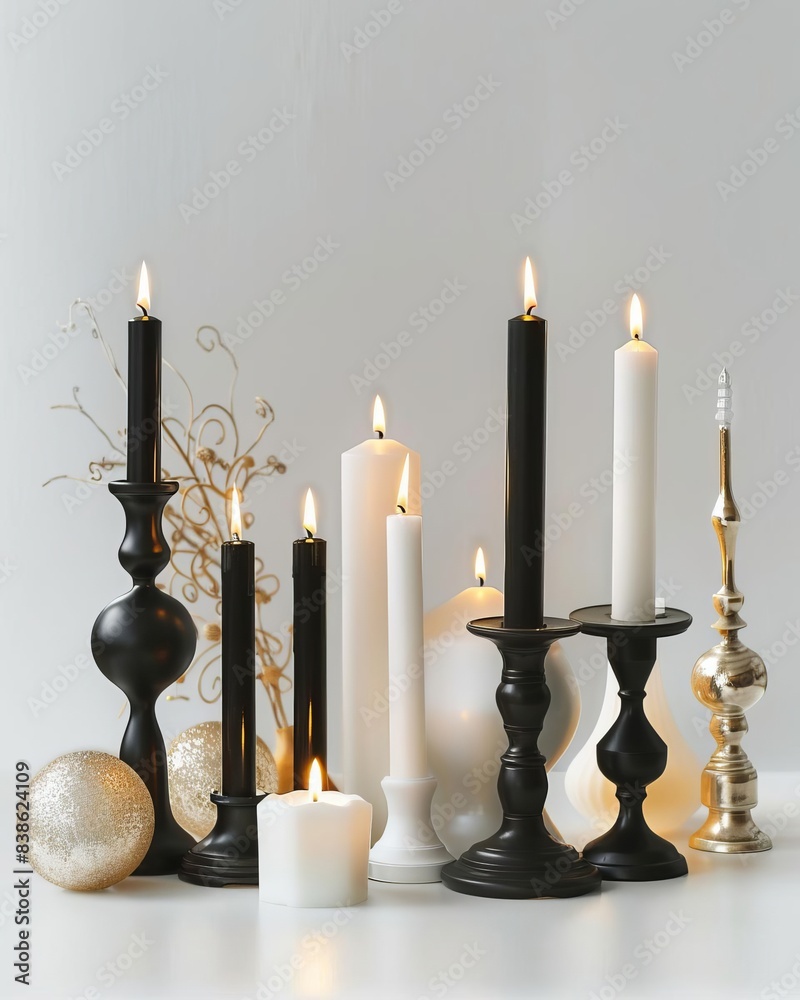 Different types of candles and holders on a white background, realistic ...